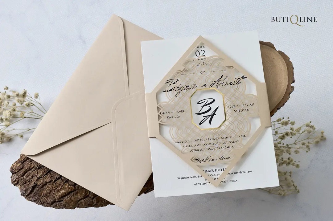 White Ivory Modern Wedding Invitation Card With Gold Foiled Geometric ...