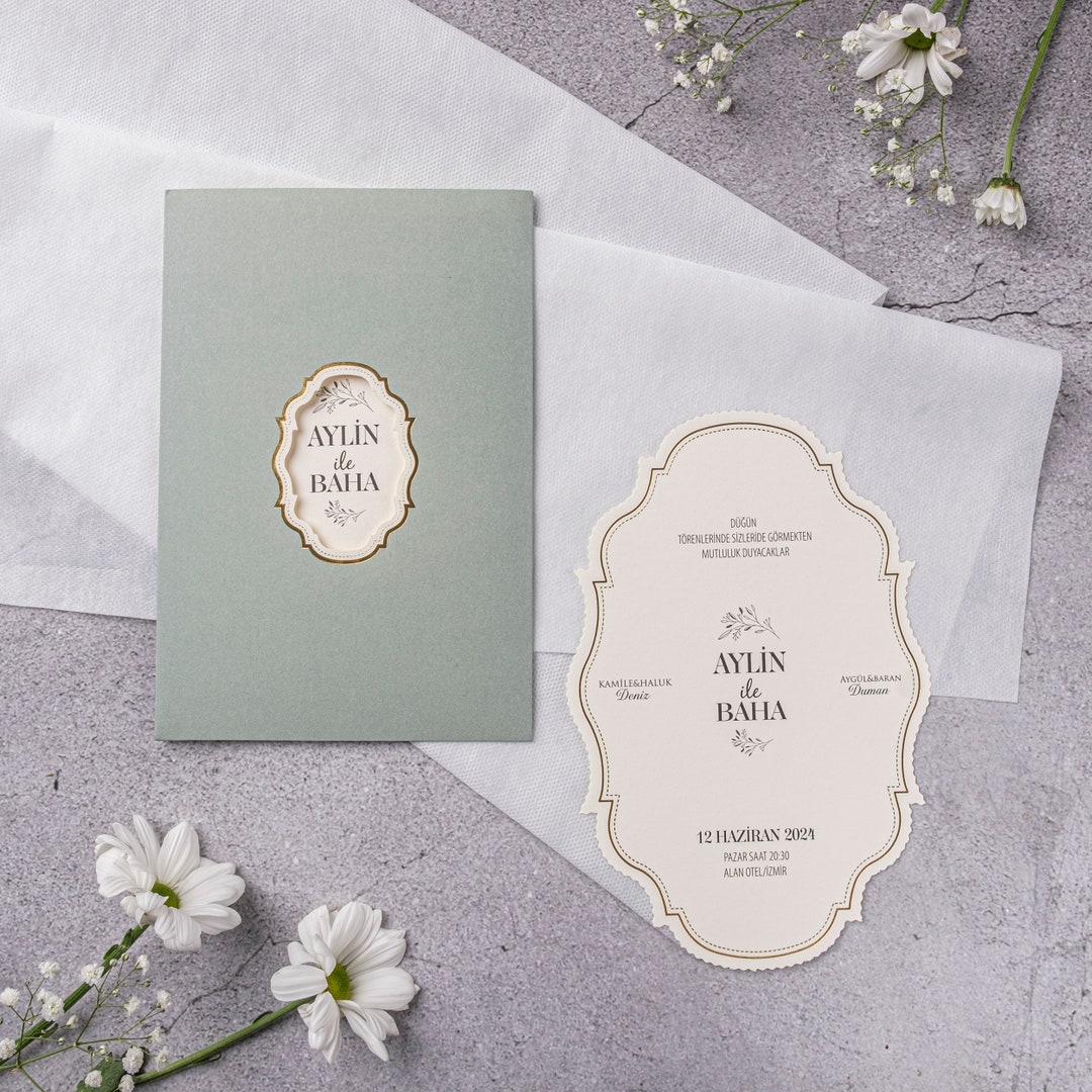 Wavy Edged Cream Ivory Modern Wedding Invitation Card With Gold Foiled ...
