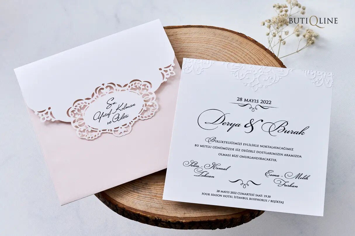 White Modern Wedding Invitation Card With Embossed Trims and Powder ...