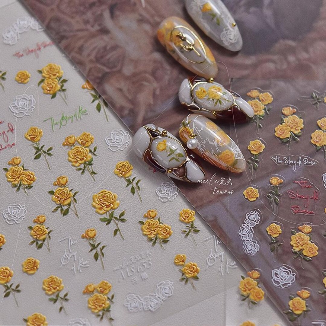 Yellow Rose 5D Embossed Pattern Design Nail Deco Sticker Nail DIY 5D ...