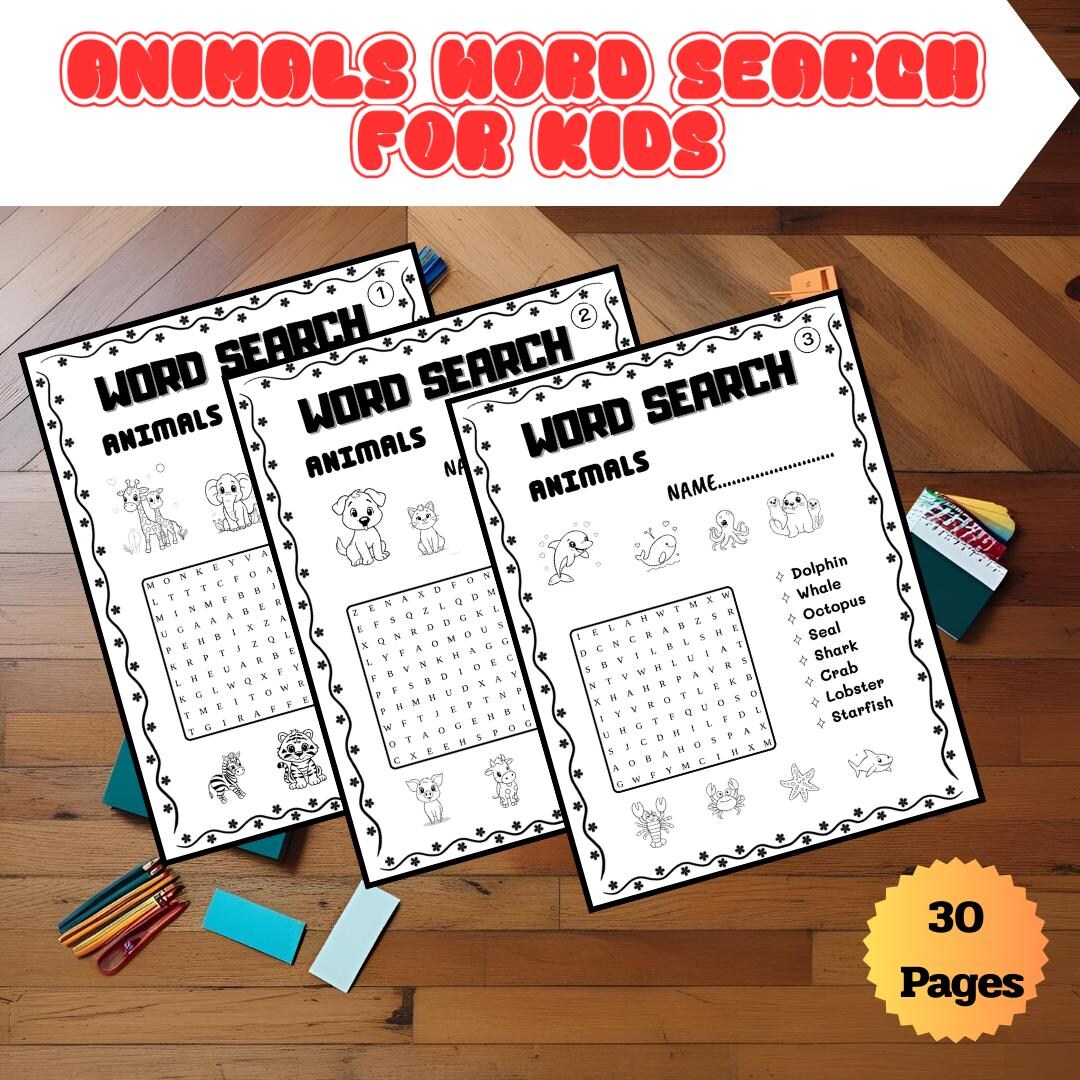 Animal Word Search for Kids – 30 Printable Pages – Fun Educational ...