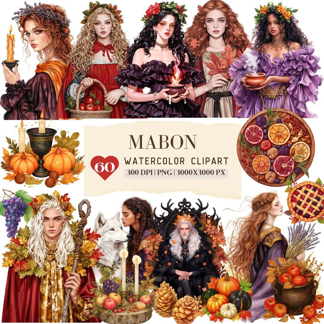Watercolor Mabon Autumn Equinox Clipart, Gothic Witch Sticker, Goddess ...