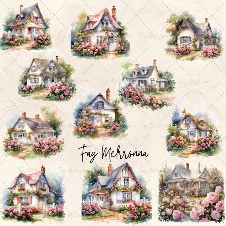 French Cottages Rose Garden Clipart Watercolour Clipart Cottagecore Png ...