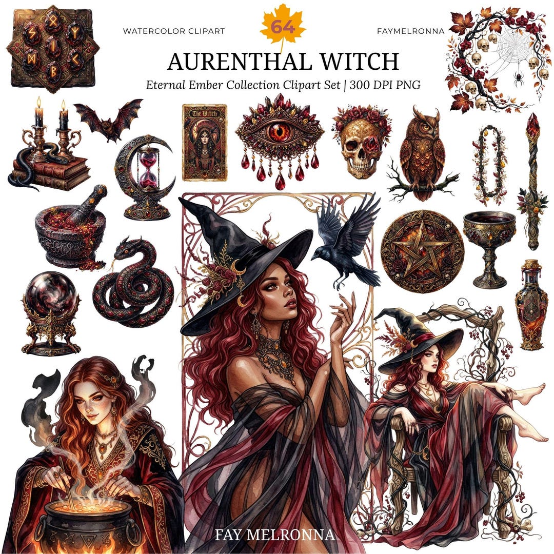 Watercolor Dark Autumn Witch Clipart, Gothic Occult Witch PNG, Forest ...
