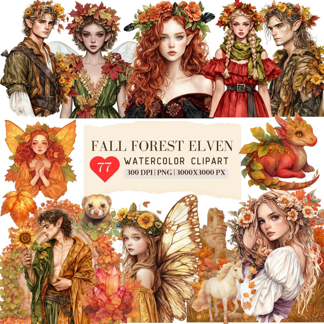 Watercolor Fall Forest Elven Clipart, Fantasy Elf PNG, Elven Princess ...