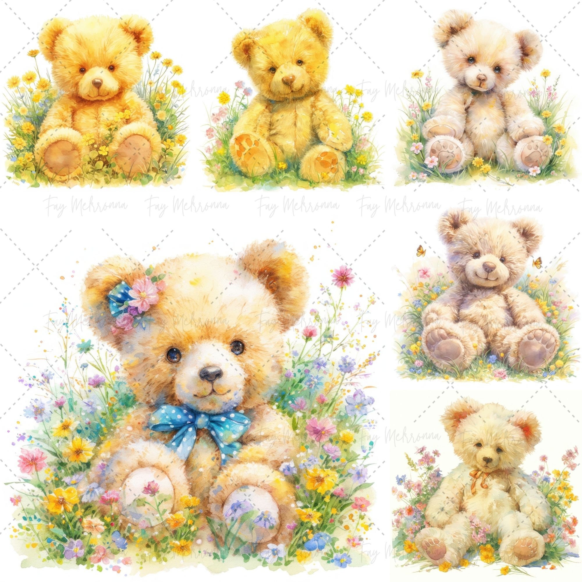 Teddy Bear Spring Clip Art, Whimsical Pastel Watercolor Floral Clip Art ...