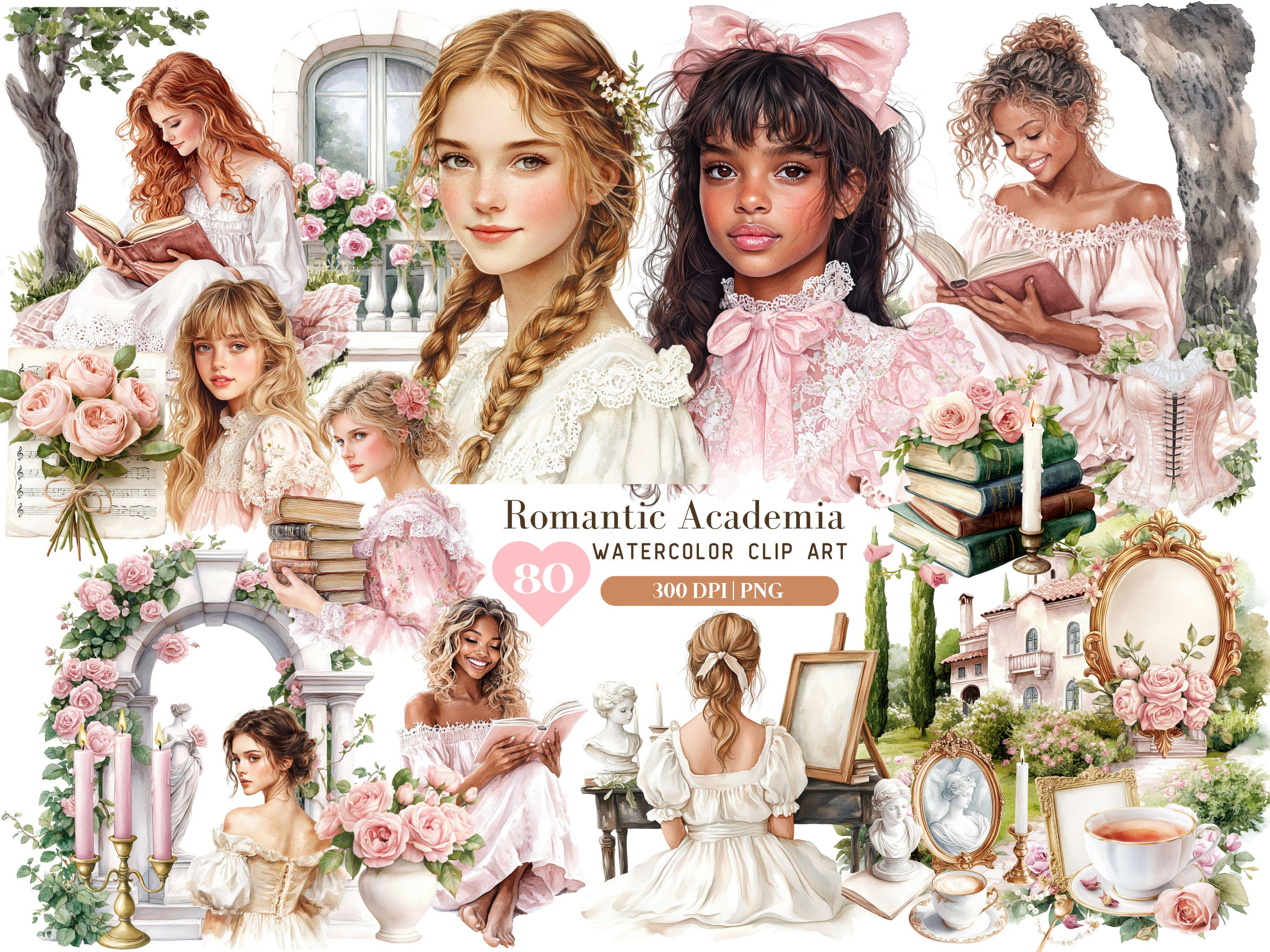 Watercolor Romantic Academia Clipart Bundle, Pastel Clipart PNG, Book ...