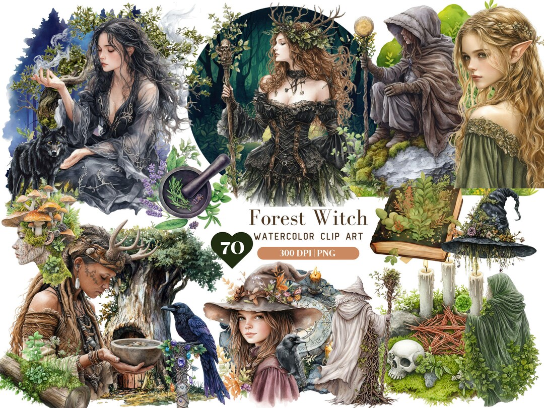 Watercolor Forest Witch Clipart, Gothic Witch PNG, Herbal Apothecary ...