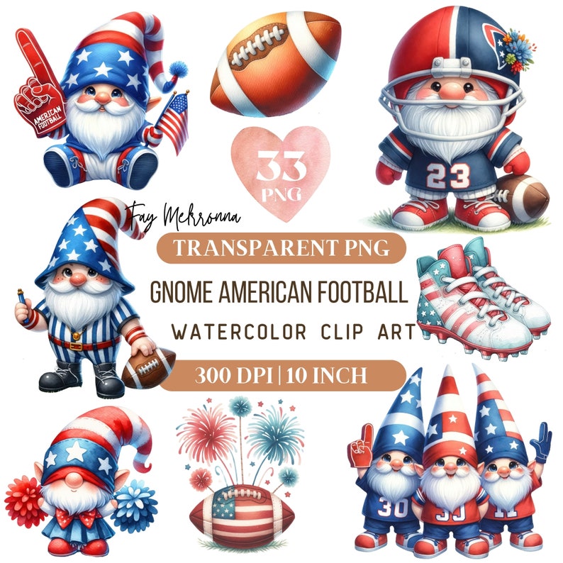 Cute Gnome Watercolor American Football Clipart, Gnomes Illustrations ...