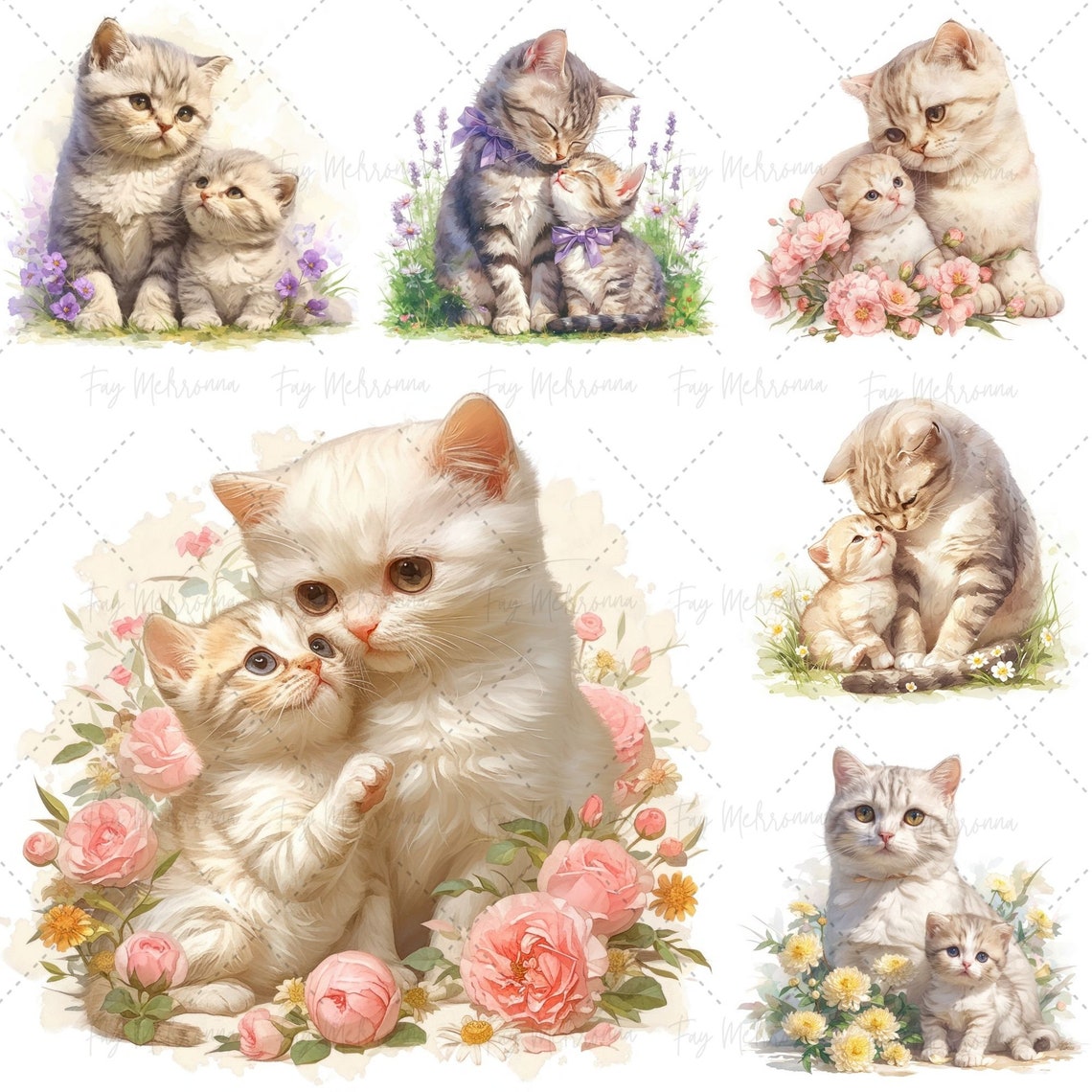 Watercolor Cute Mom and Baby Cat Clipart, Cute Kittens Animal Nursery ...