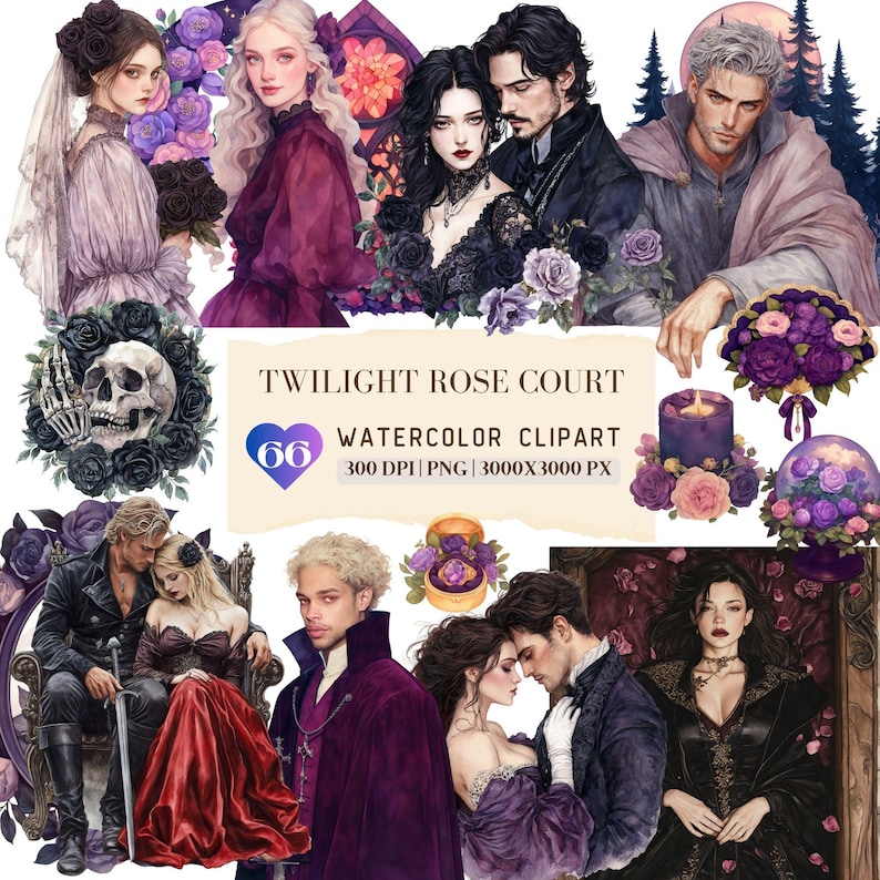Watercolor Twilight Rose Court Clipart, Vampire Love Couple Clip Art ...