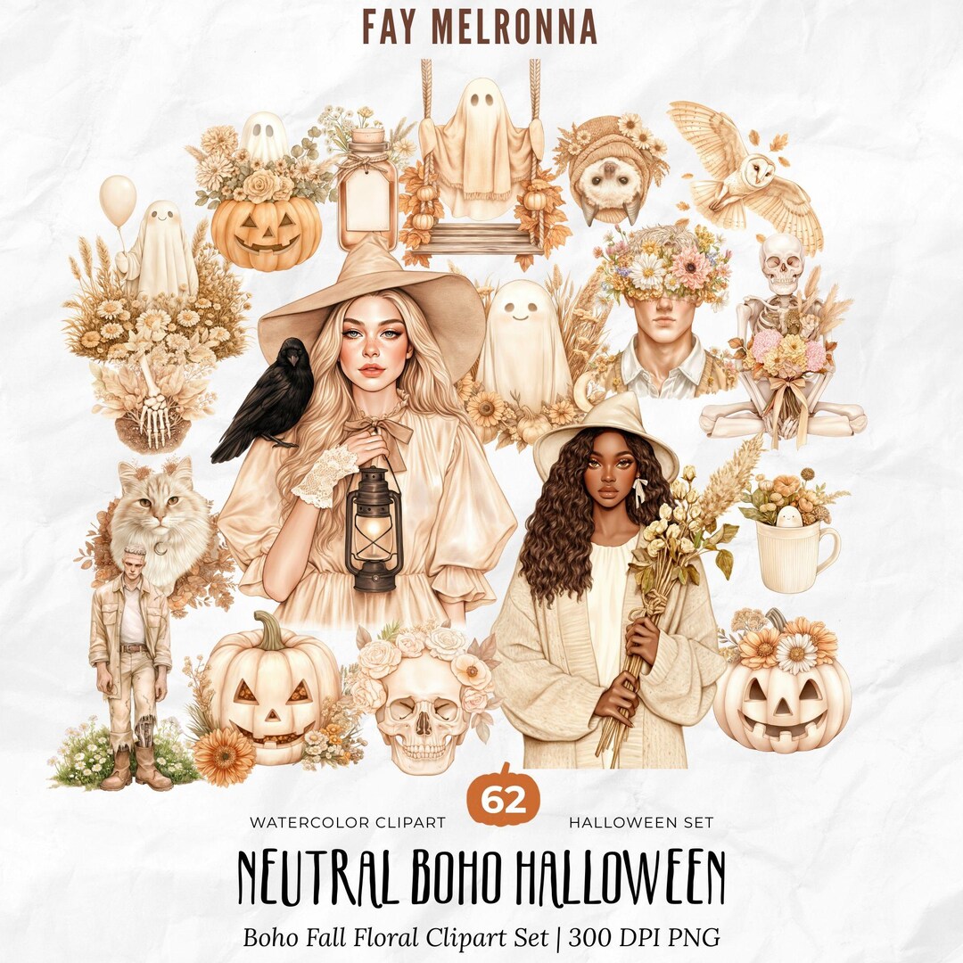 Watercolor Neutral Boho Fall Halloween Clipart, Fall Floral Pumpkin PNG ...