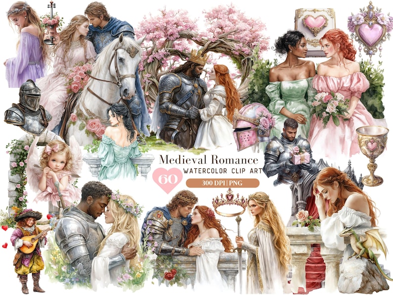 Watercolor Medieval Valentine Clipart Bundle, Valentines Day Clip Art ...