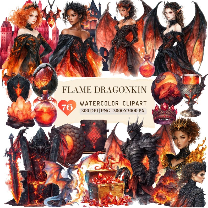 Watercolor Flame Dragonkin Clipart, Gothic Dragoncore, Fire Crimson ...