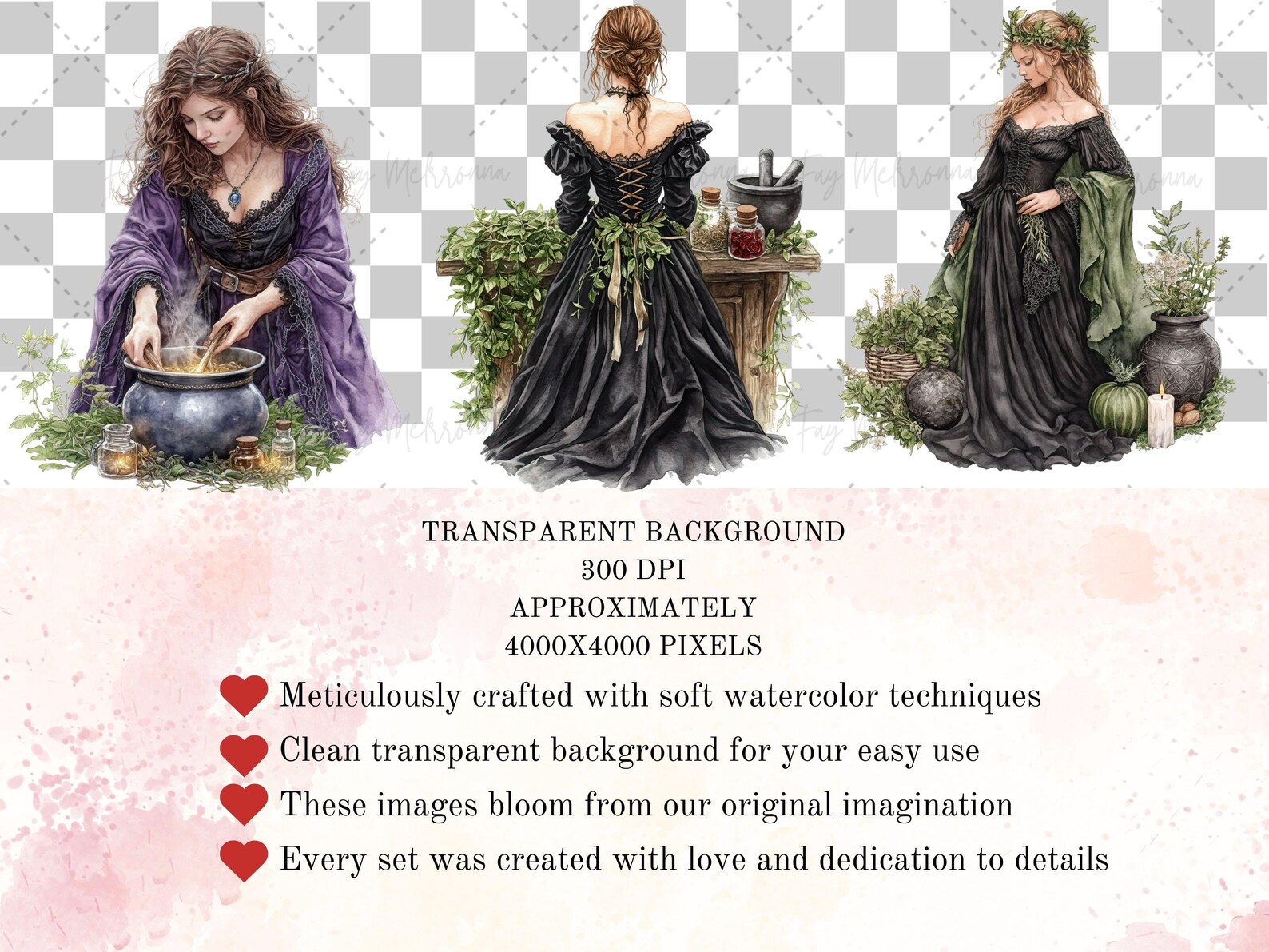 Watercolor Herbology Witch Clipart, Gothic Witch PNG, Herbal Apothecary ...