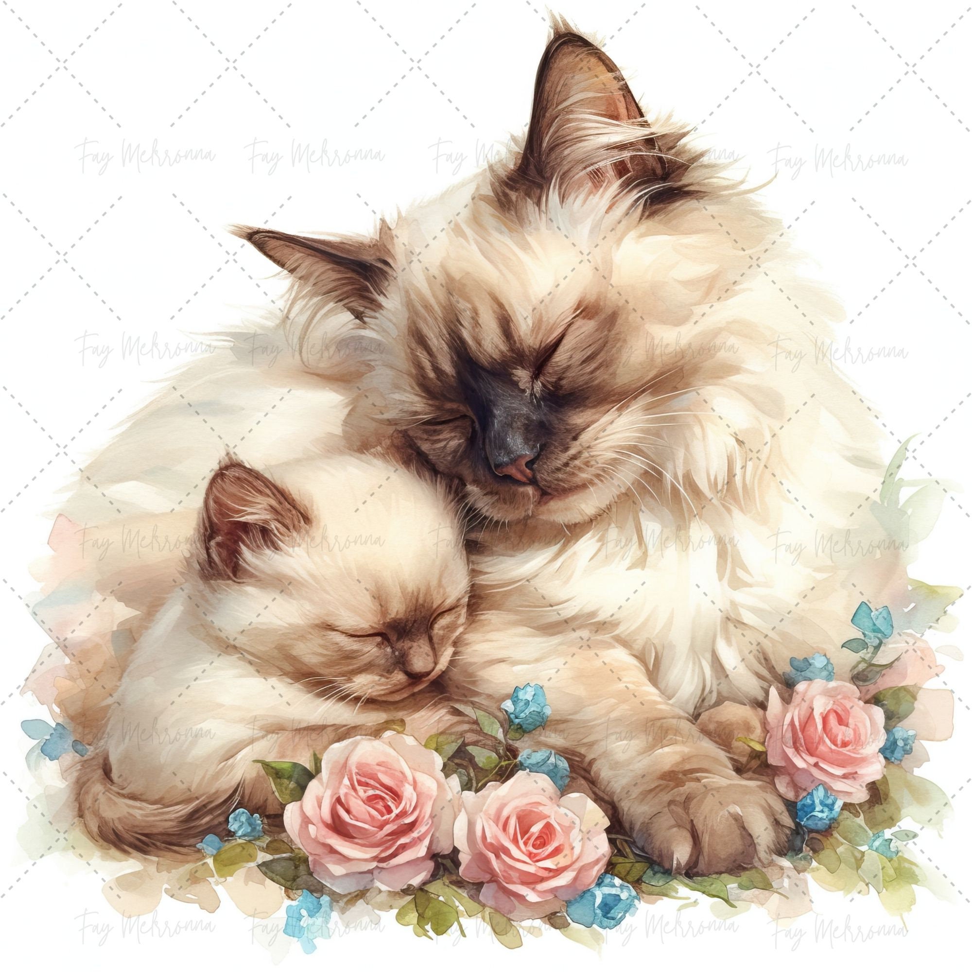 Watercolor Cute Mom and Baby Cat Clipart, Cute Kittens Animal Nursery ...