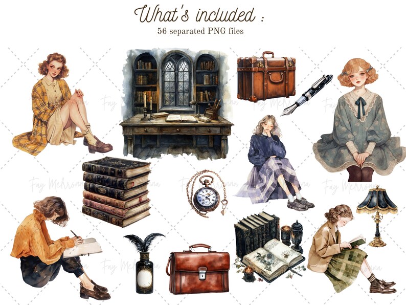 Watercolor Dark Academia Library Clipart Bundle, Gothic Clipart PNG ...