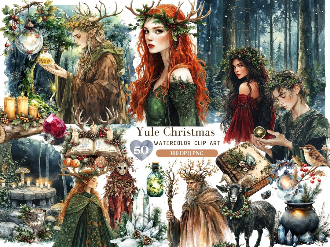 Watercolor Yule Christmas Clipart, Fae Mythic Fairy Gothic Xmas Clipart ...