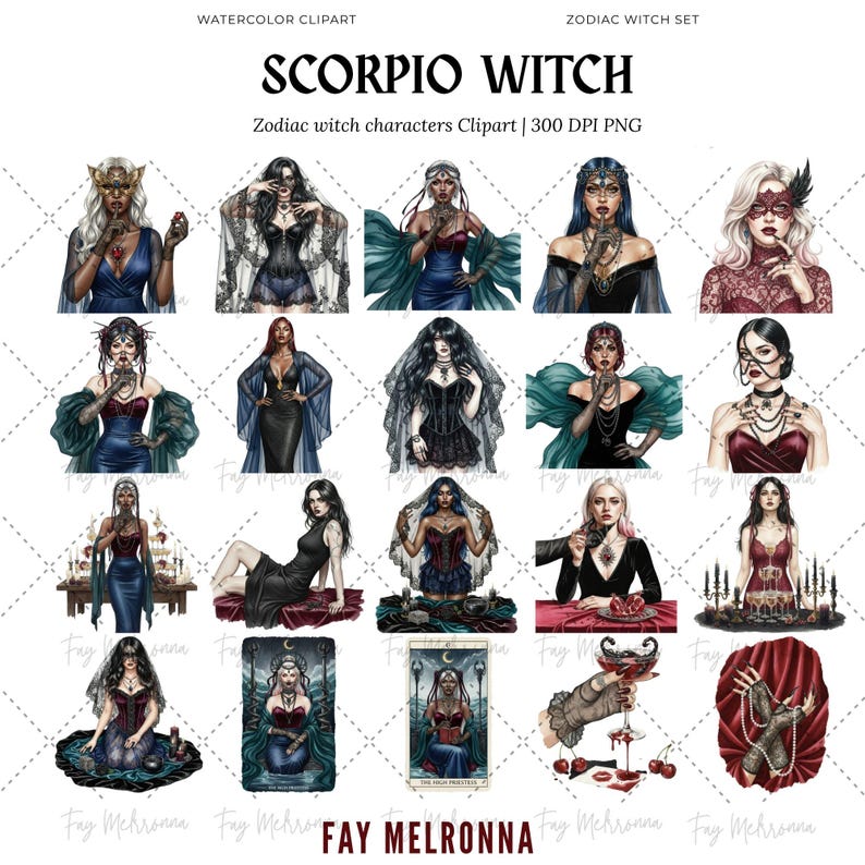 Scorpio Witch Clipart | Gothic Zodiac PNG Bundle | Whimsigoth Graphic ...