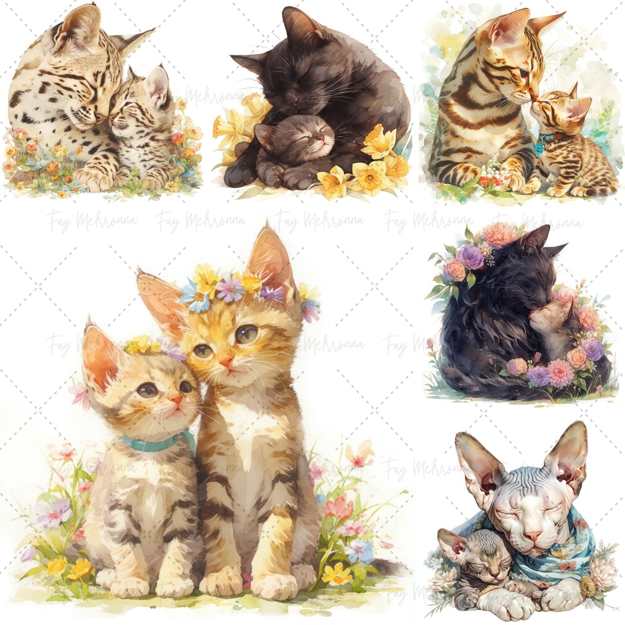 Watercolor Cute Mom and Baby Cat Clipart, Cute Kittens Animal Nursery ...