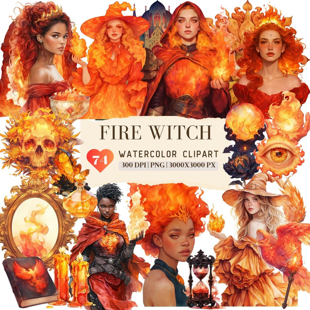 Watercolor Fire Witch Clipart, Gothic Witch Element Clipart, Goddess ...