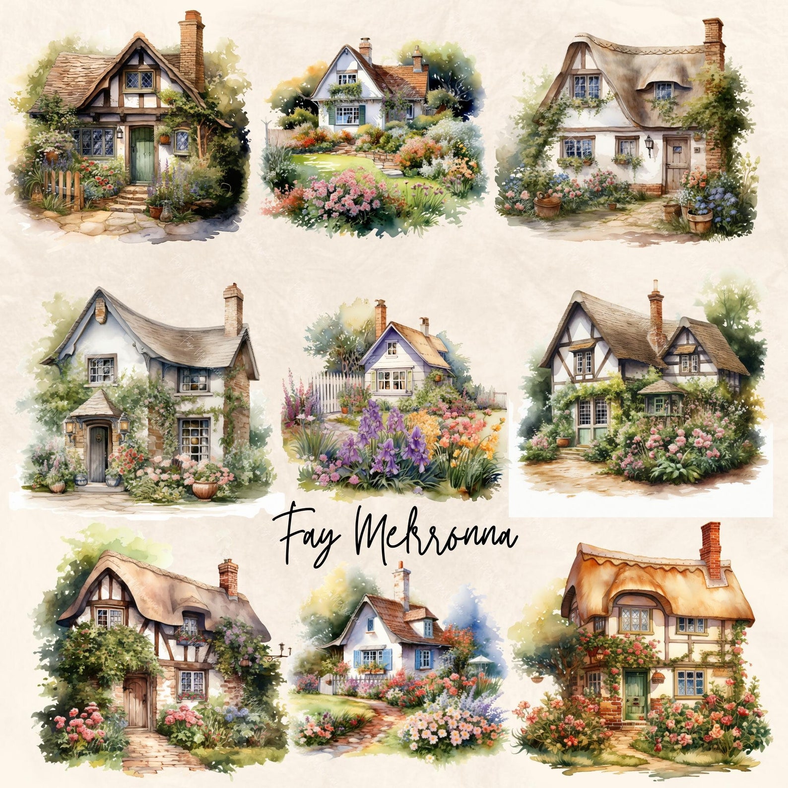 18 English Cottages Clipart, Watercolour Clipart, Cottagecore Png ...