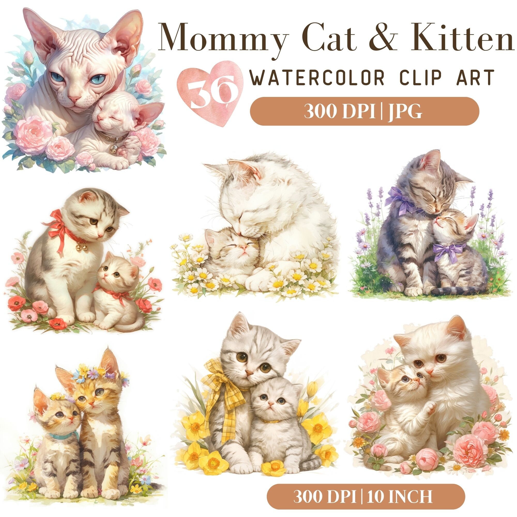 Watercolor Cute Mom and Baby Cat Clipart, Cute Kittens Animal Nursery ...