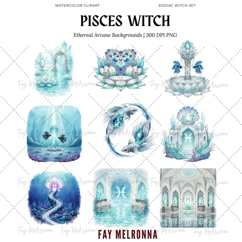 Pisces Witch Clipart, Gothic Zodiac PNG Bundle, Dark Fantasy, Ethereal ...