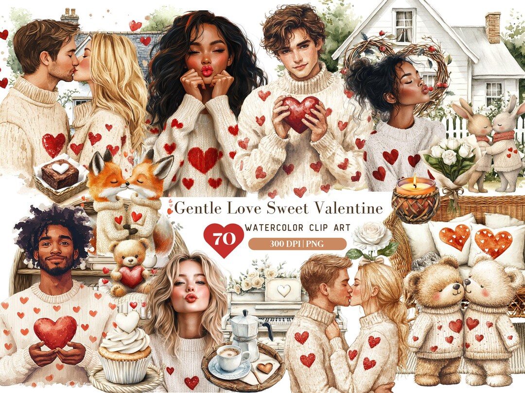 Watercolor Valentines Day Clipart Bundle, Romantic Clip Art PNG, XOXO ...