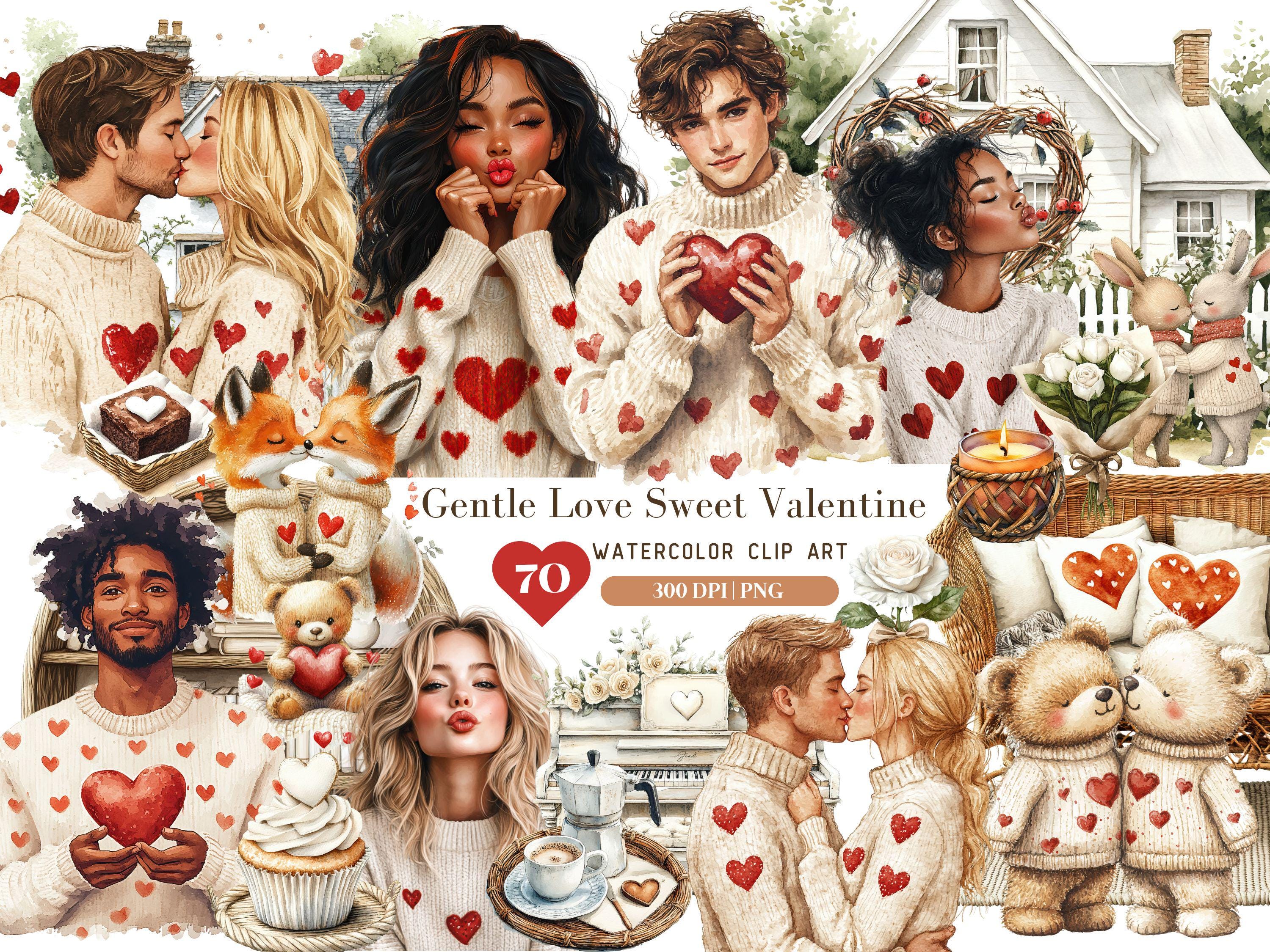 Watercolor Valentines Day Clipart Bundle, Romantic Clip Art PNG, XOXO ...
