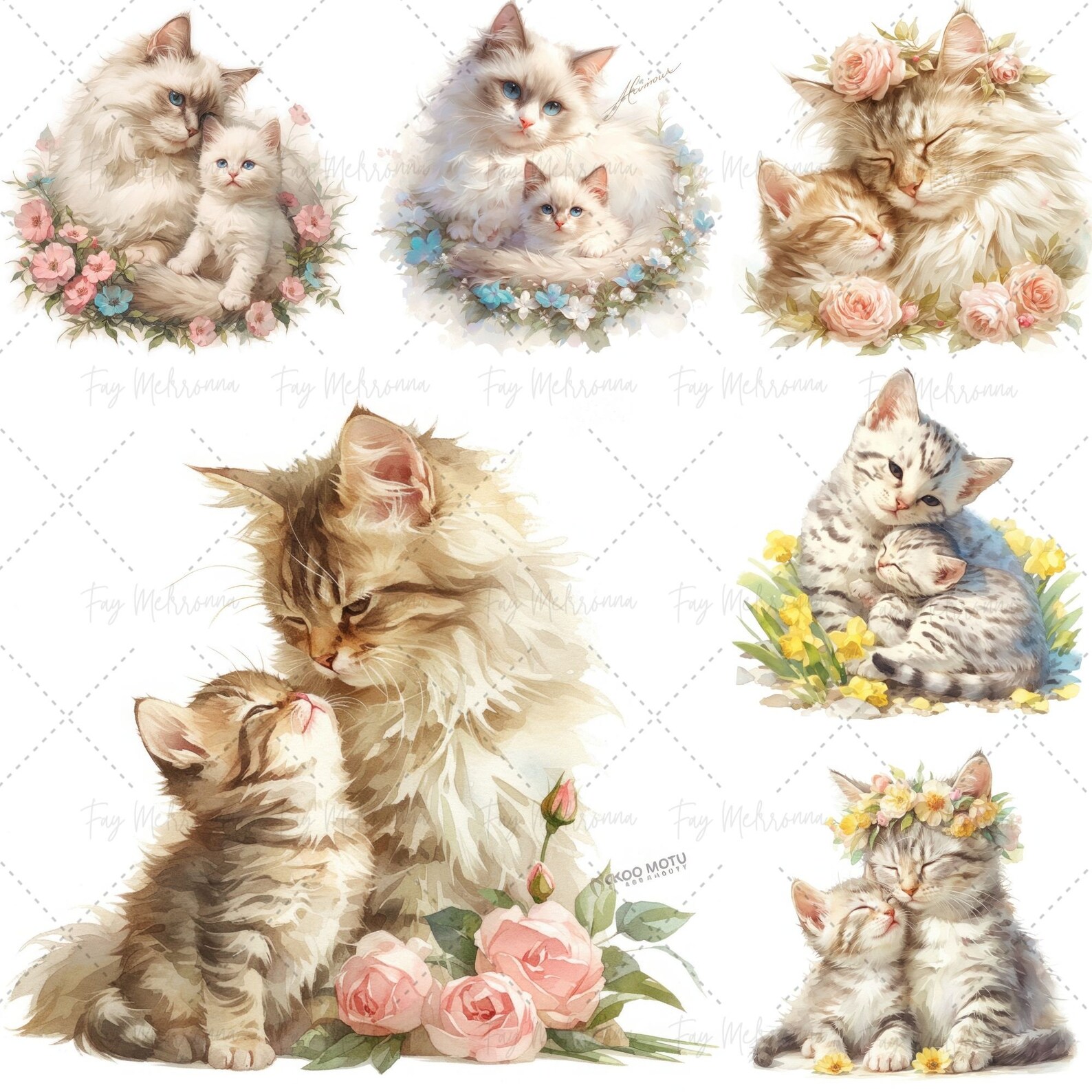 Watercolor Cute Mom and Baby Cat Clipart, Cute Kittens Animal Nursery ...