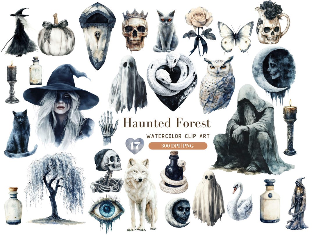 Watercolor Haunted Forest Clipart, Halloween Dark Woodland Fantasy PNG ...