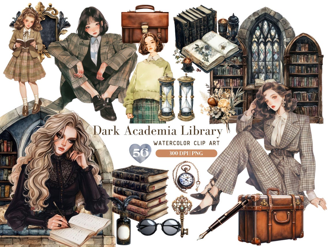 Watercolor Dark Academia Library Clipart Bundle, Gothic Clipart PNG ...