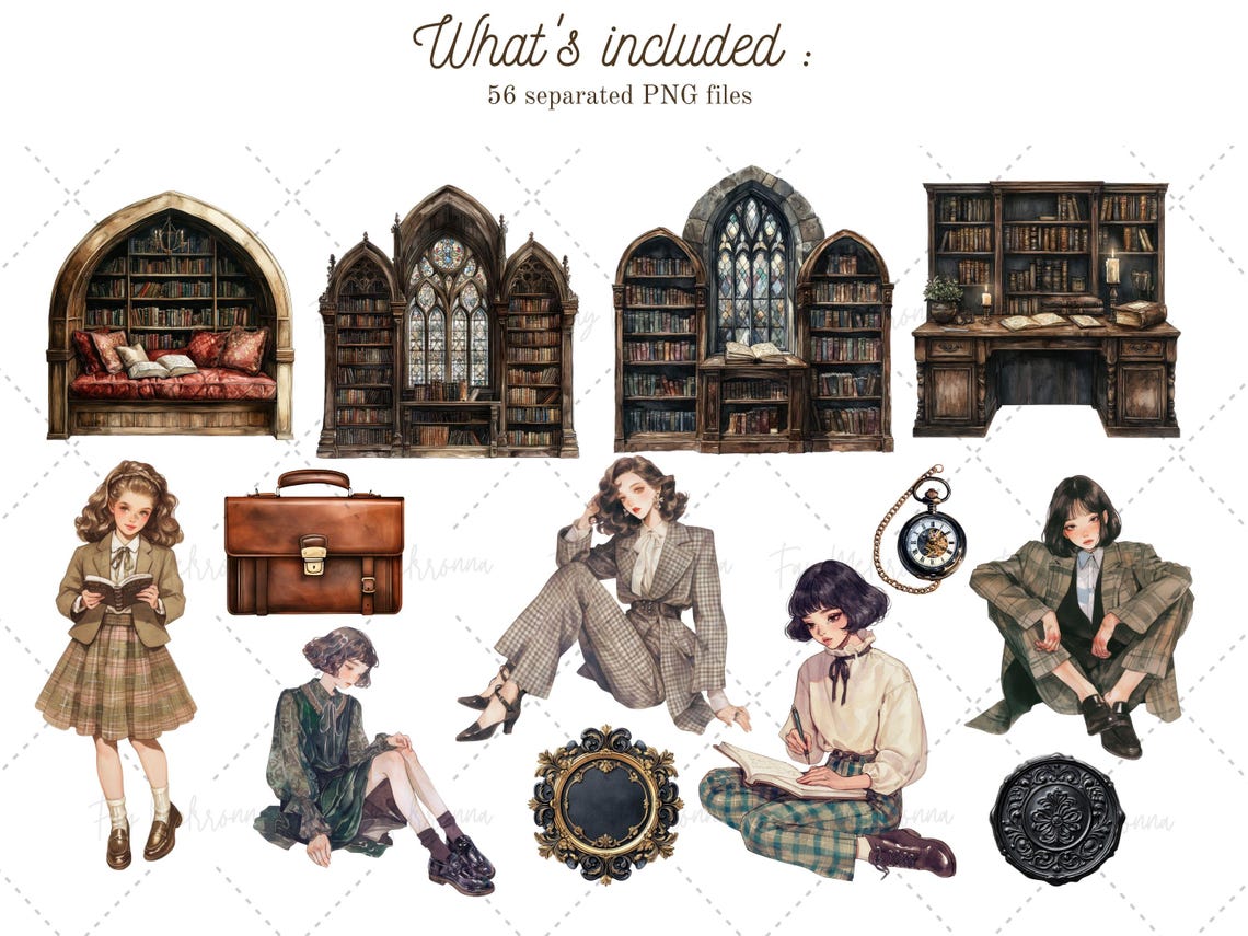 Watercolor Dark Academia Library Clipart Bundle, Gothic Clipart PNG ...