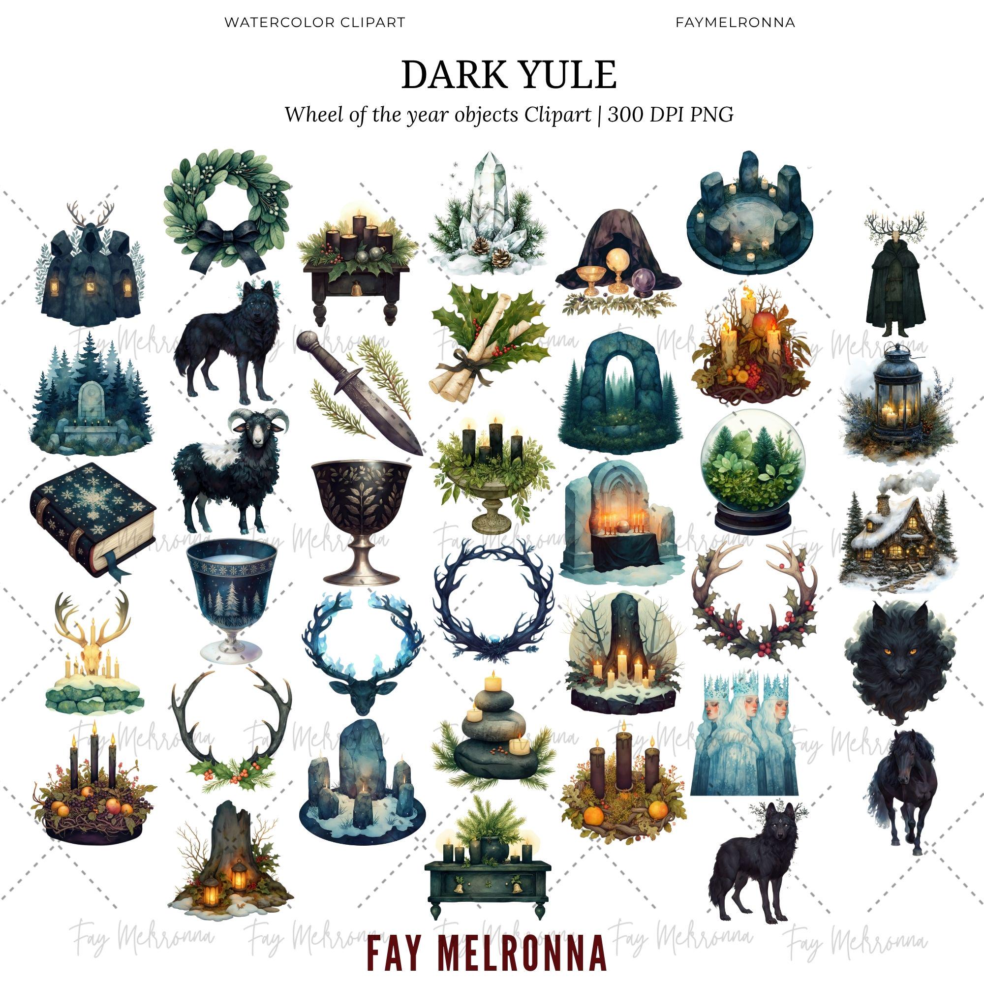 Mystic Dark Yule Watercolor Christmas Clipart | Gothic Winter Solstice ...