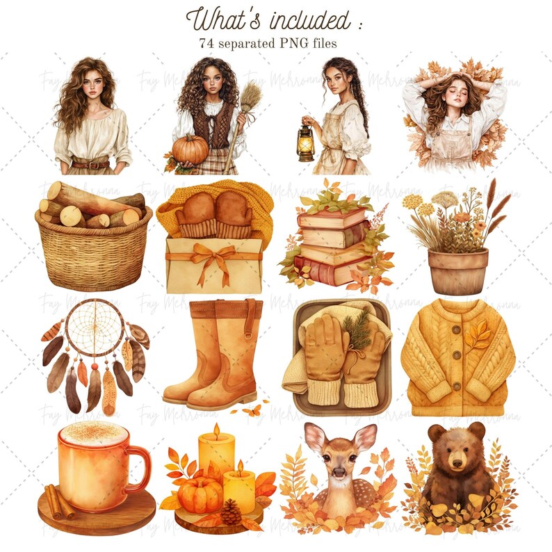Watercolor Rustic Autumn Cottage Bundle, Fall Clipart PNG, Cozy Fall ...