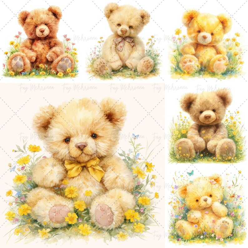 Teddy Bear Spring Clip Art, Whimsical Pastel Watercolor Floral Clip Art ...