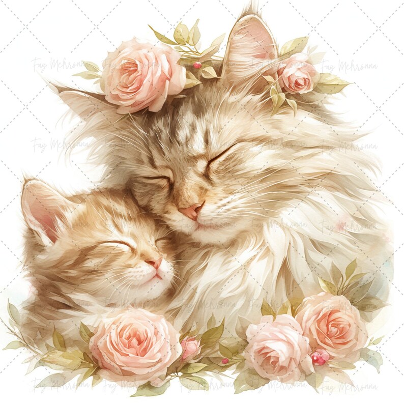 Watercolor Cute Mom and Baby Cat Clipart, Cute Kittens Animal Nursery ...