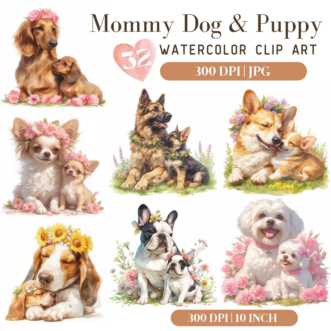 Watercolor Cute Mom and Baby Dog Clipart, Cute Puppy Animal Nursery ...