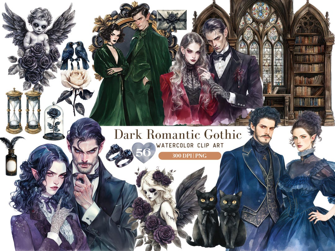 Watercolor Gothic Clipart: Dark Romantic Vampire Couple (digital ...