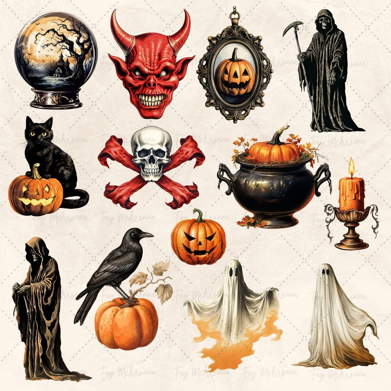 Vintage Creepy Halloween Clipart, Old Style Antique Halloween Clip Art ...