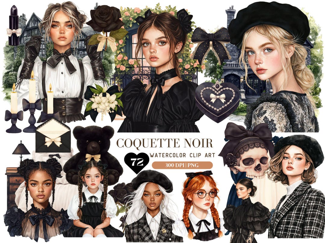 Watercolor Noir Coquette Clipart, Black Coquette Witch Clip Art, Gothic ...