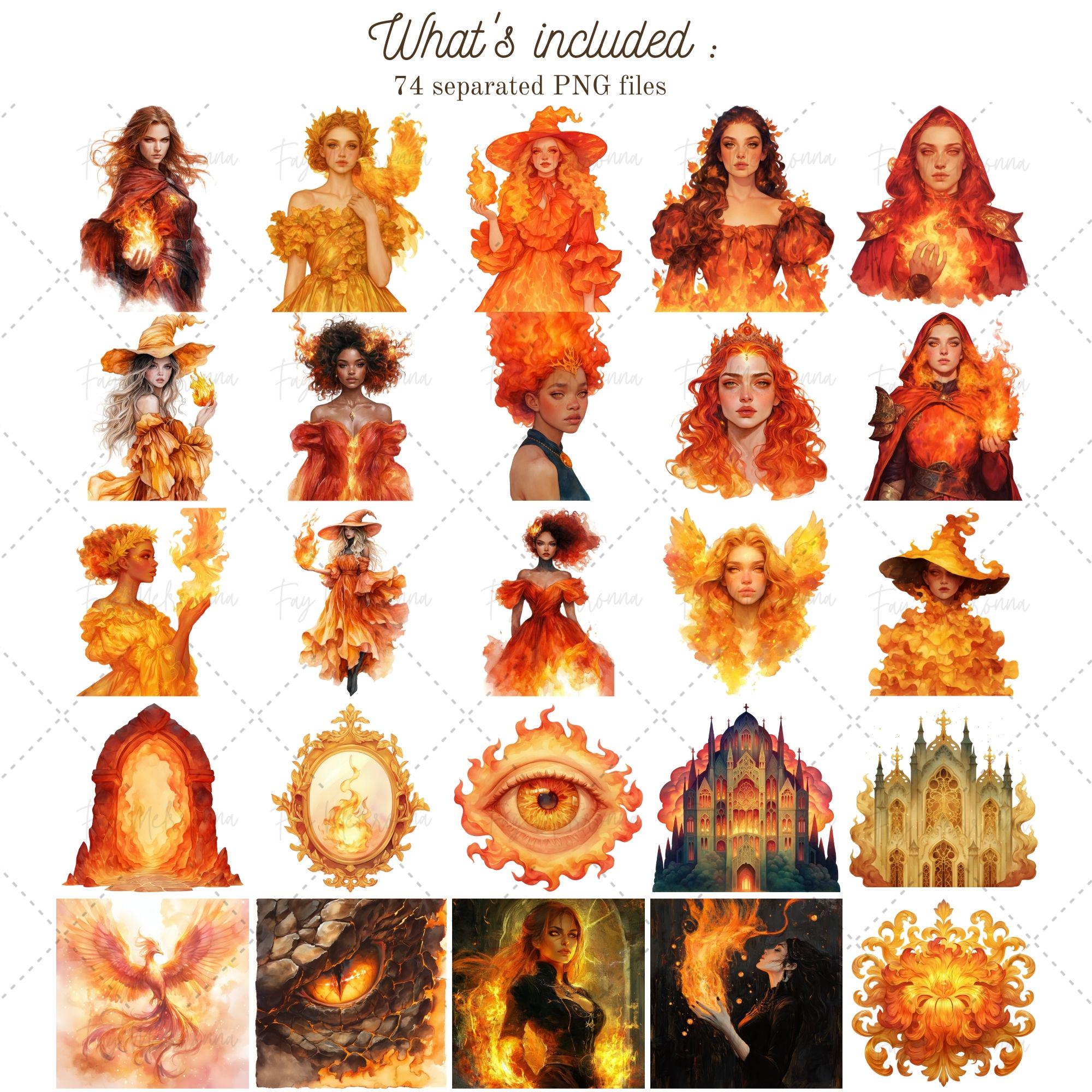 Watercolor Fire Witch Clipart, Gothic Witch Element Clipart, Goddess ...