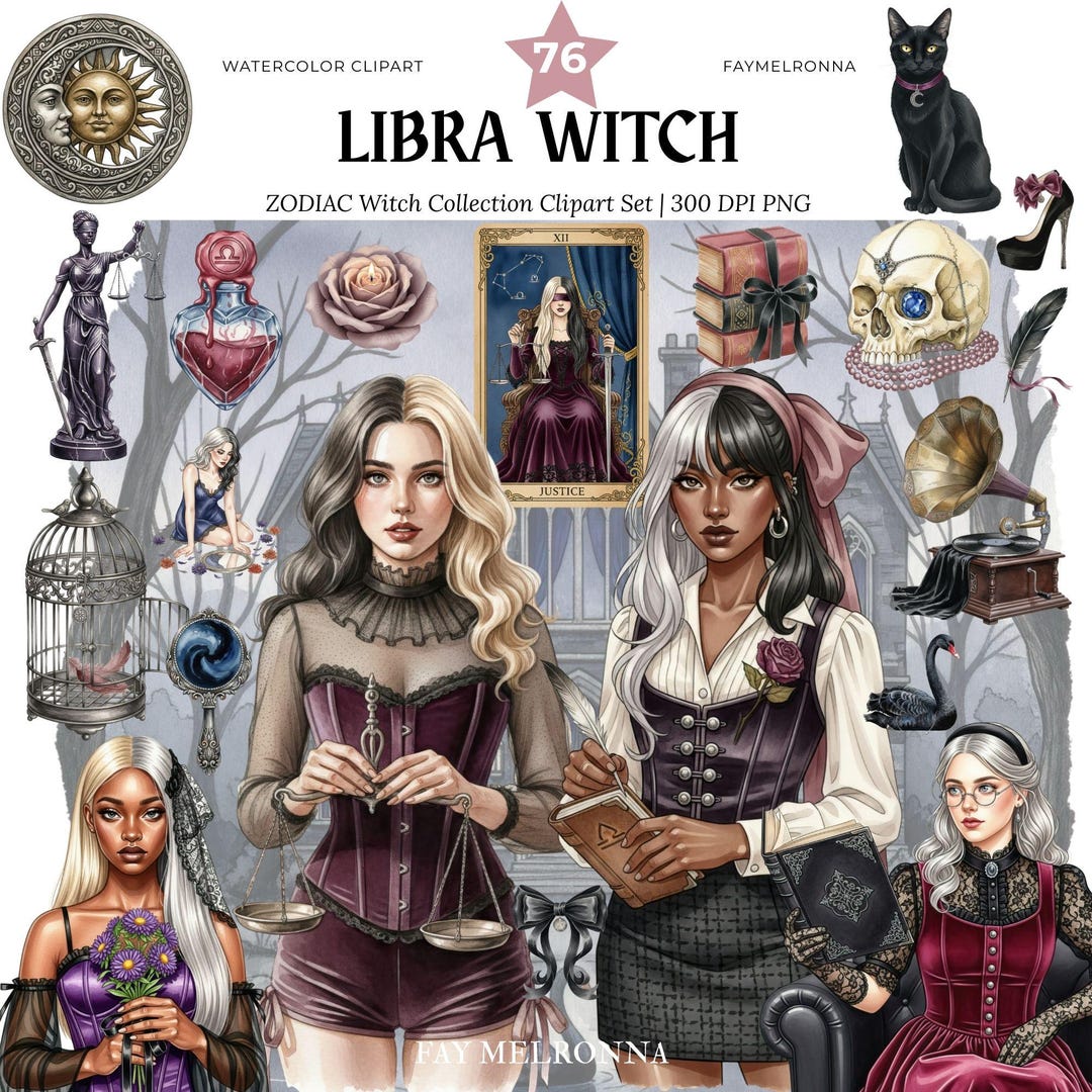 Libra Witch Clipart | Gothic Zodiac PNG Bundle | Dark Coquette Graphic ...