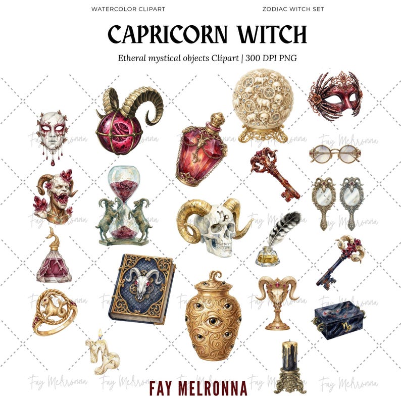 Capricorn Witch Clipart | Gothic Zodiac PNG Bundle | Dark Fantasy ...