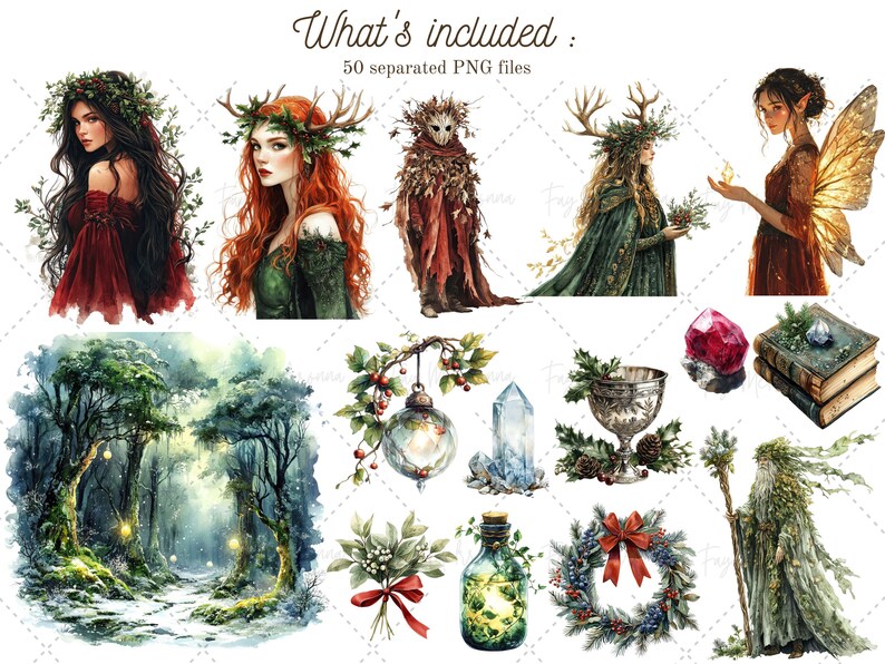 Watercolor Yule Christmas Clipart, Fae Mythic Fairy Gothic Xmas Clipart ...