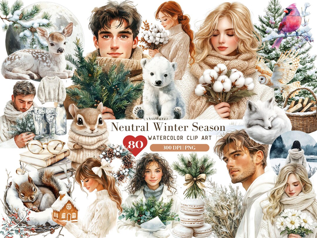 Neutral Winter Watercolor Clipart: 80 Xmas PNG Graphics (digital ...