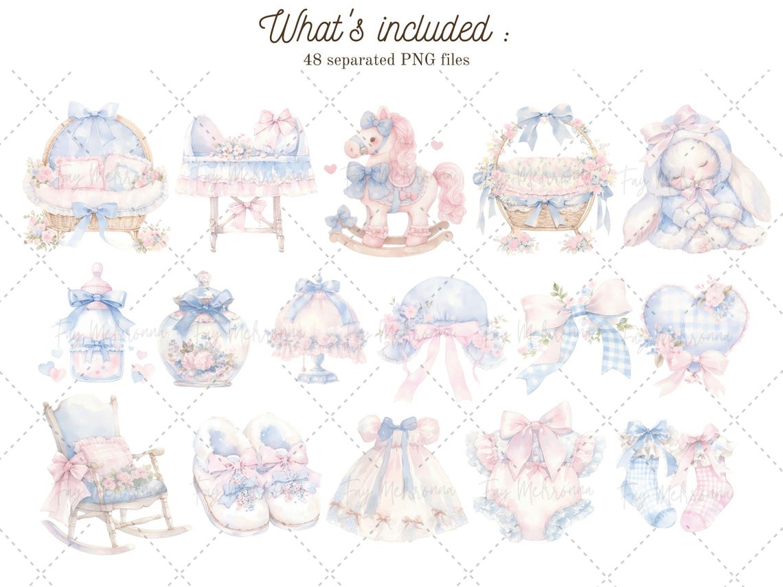 Watercolor Grandmillennial Baby Clipart Bundle, Pastel Baby Toys Clip ...
