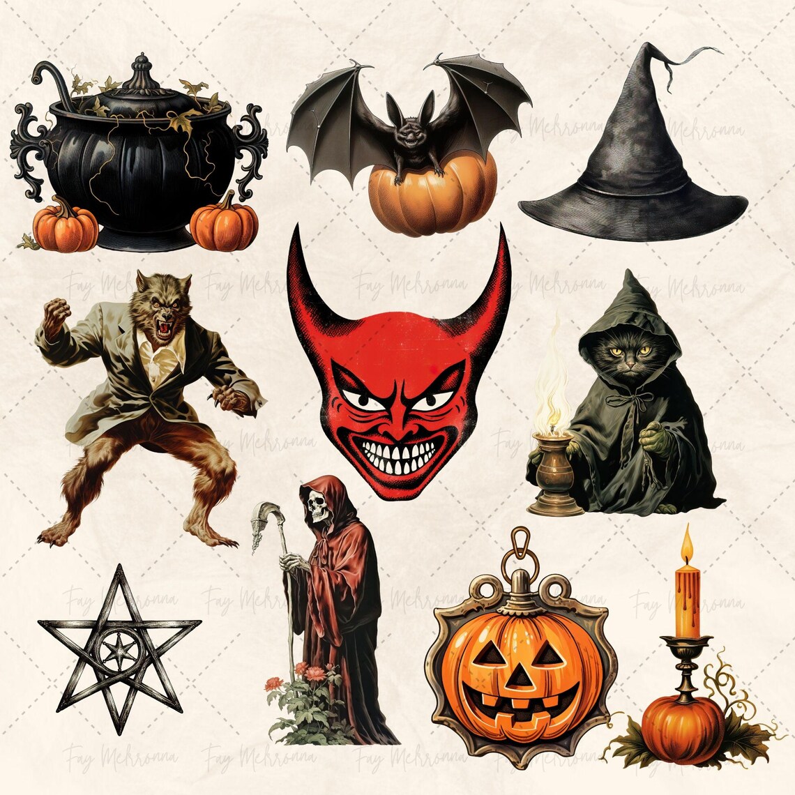 Vintage Creepy Halloween Clipart, Old Style Antique Halloween Clip Art ...
