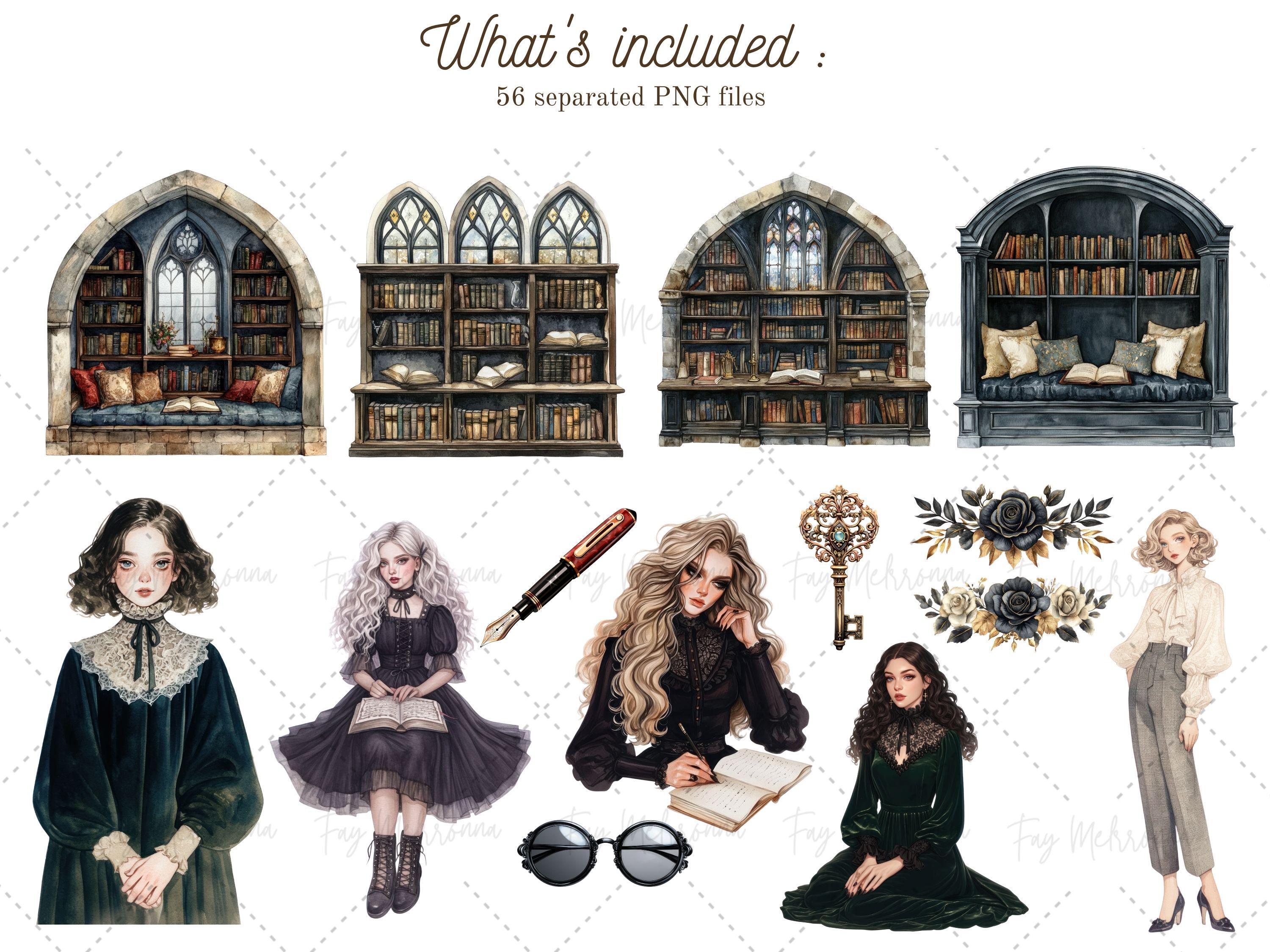 Watercolor Dark Academia Library Clipart Bundle, Gothic Clipart PNG ...